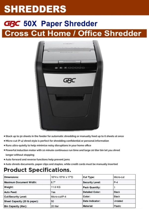 GBC Auto Feed Paper Shredder Machine ShredMaster 50X (Cross-Cut 4x28mm ...